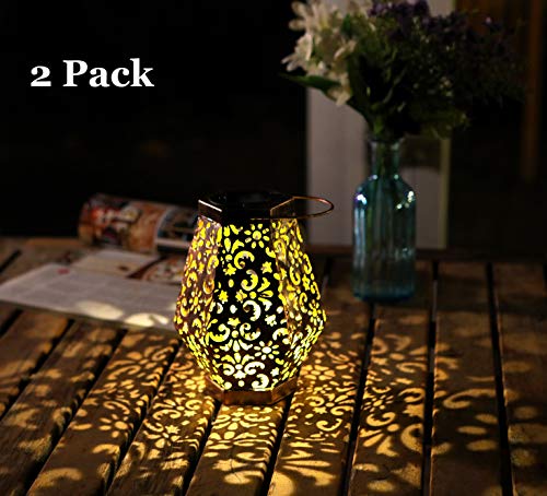WSgift 2 Pack Hanging Solar Lantern Metal LED Table Lamp Outdoor Solar Hollow-Out Lights with Handle, 6 lumens, 5.5 x 5.5 x 7.5 Inch, Antique Bronze