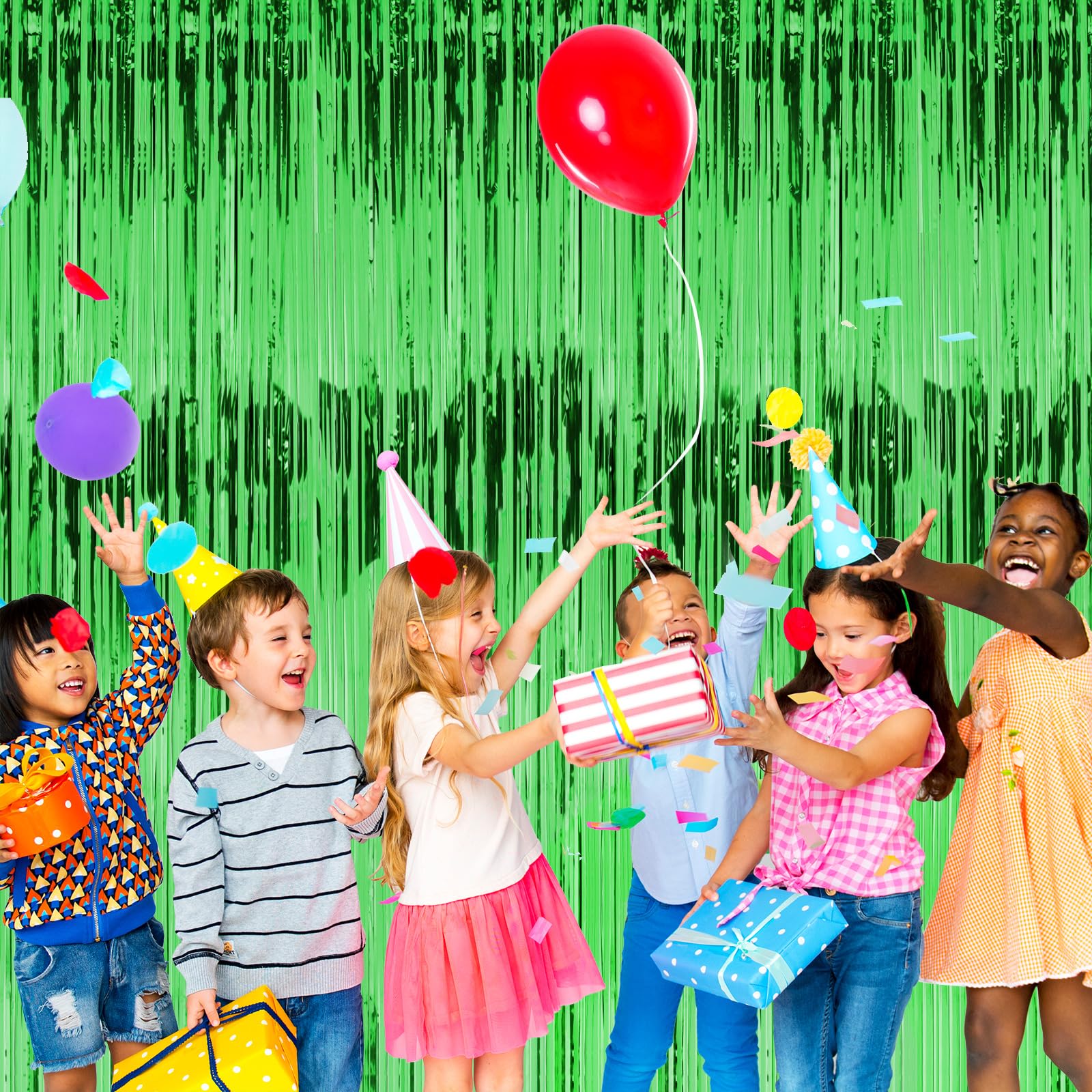 DecorWoo 3ft x 8ft Foil Fringe Backdrop Curtain, Metallic Tinsel Foil Fringe Curtains, Party Streamers Backdrop, Baby Shower Birthday Holiday Celebration,Party Decorations (Green)