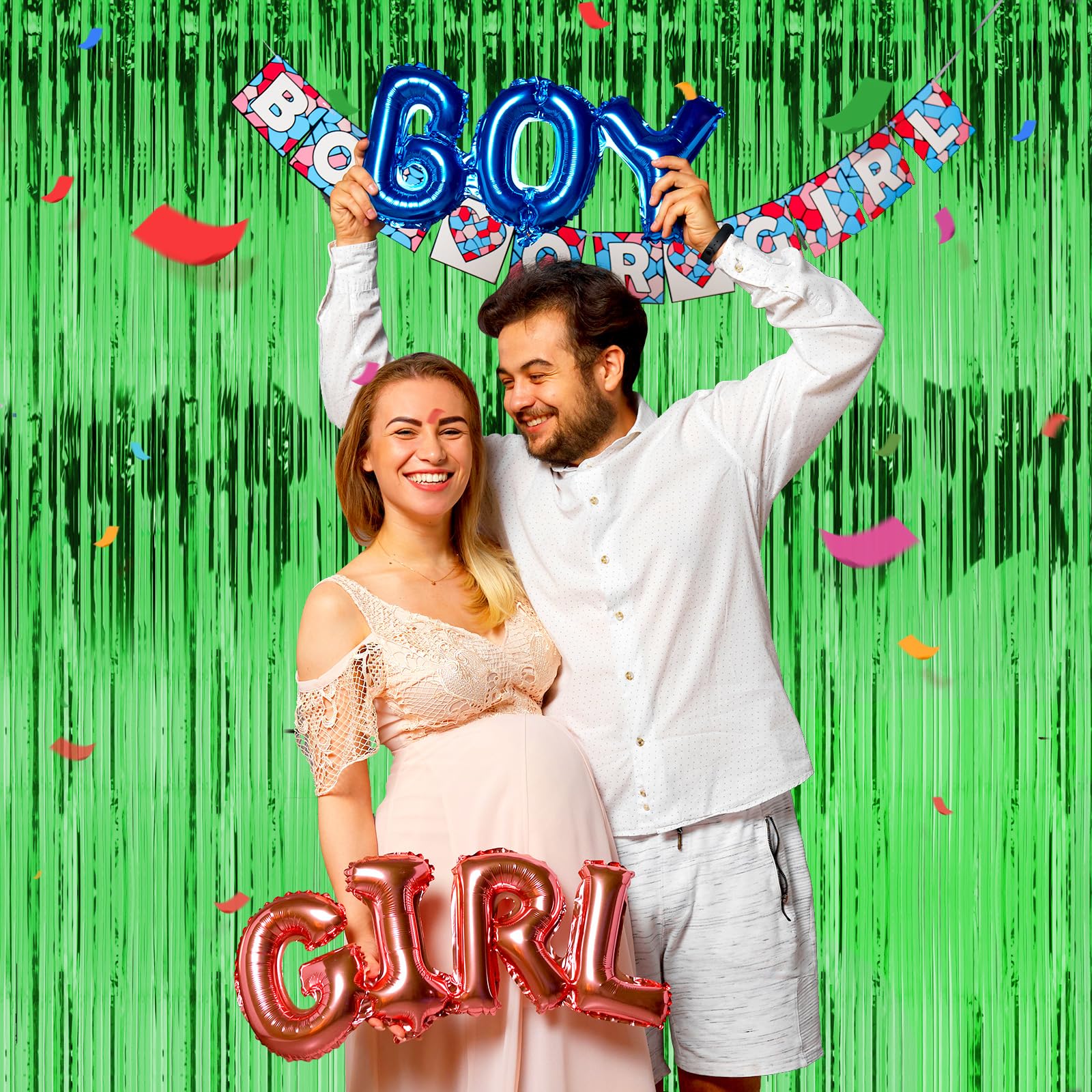 DecorWoo 3ft x 8ft Foil Fringe Backdrop Curtain, Metallic Tinsel Foil Fringe Curtains, Party Streamers Backdrop, Baby Shower Birthday Holiday Celebration,Party Decorations (Green)