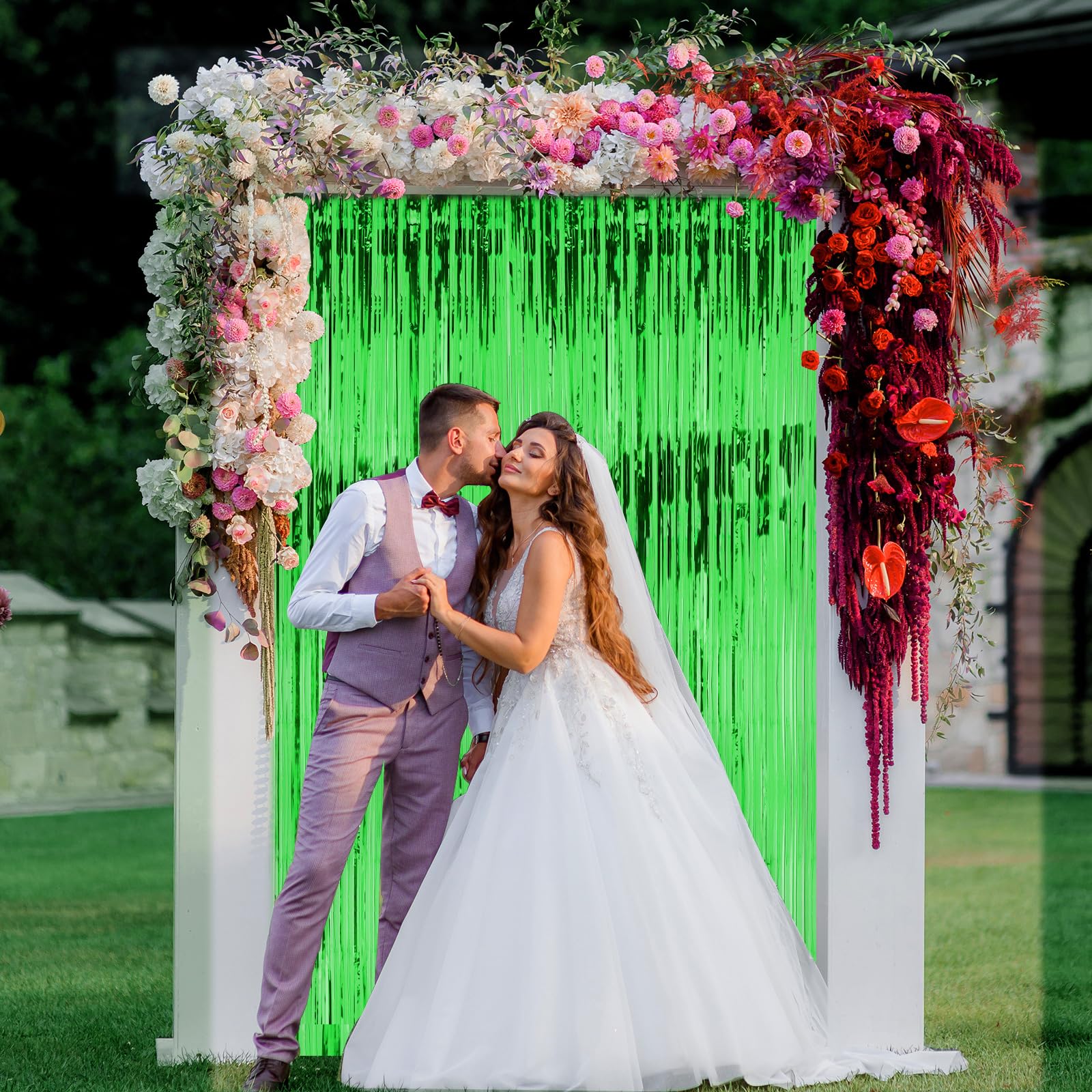DecorWoo 3ft x 8ft Foil Fringe Backdrop Curtain, Metallic Tinsel Foil Fringe Curtains, Party Streamers Backdrop, Baby Shower Birthday Holiday Celebration,Party Decorations (Green)