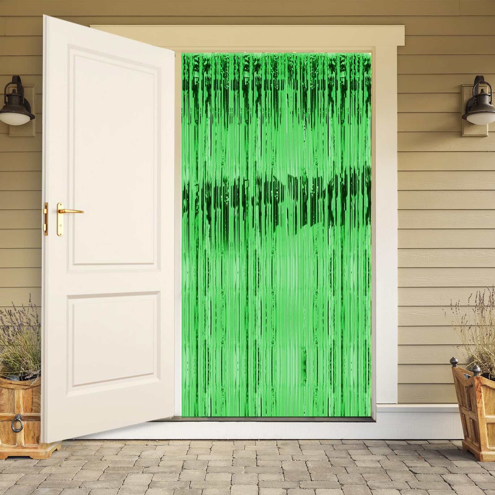 DecorWoo 3ft x 8ft Foil Fringe Backdrop Curtain, Metallic Tinsel Foil Fringe Curtains, Party Streamers Backdrop, Baby Shower Birthday Holiday Celebration,Party Decorations (Green)