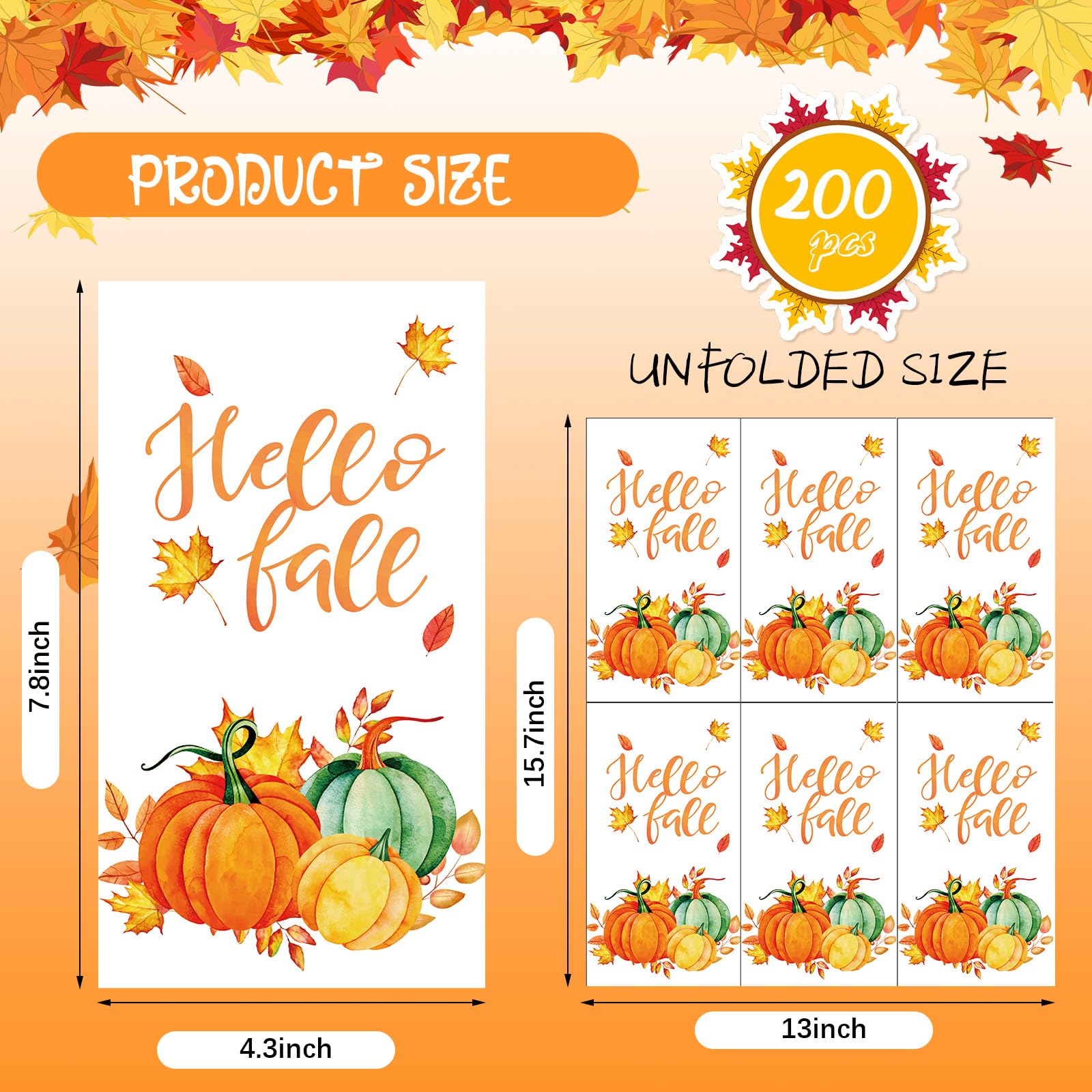 Qeeenar 200 Pcs Fall Napkins Paper Disposable Hand Towels Thanksgiving Pumpkin Napkins Guest Maple Leaves Fall Napkins Decorative for Autumn Home Dinner Party Decor Kitchen (Classic,4.3 x 7.8 Inch)