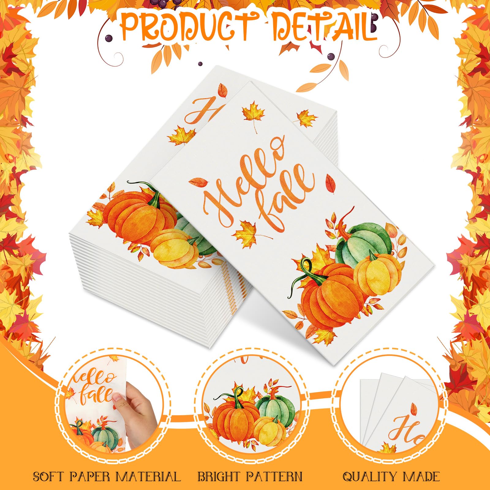 Qeeenar 200 Pcs Fall Napkins Paper Disposable Hand Towels Thanksgiving Pumpkin Napkins Guest Maple Leaves Fall Napkins Decorative for Autumn Home Dinner Party Decor Kitchen (Classic,4.3 x 7.8 Inch)