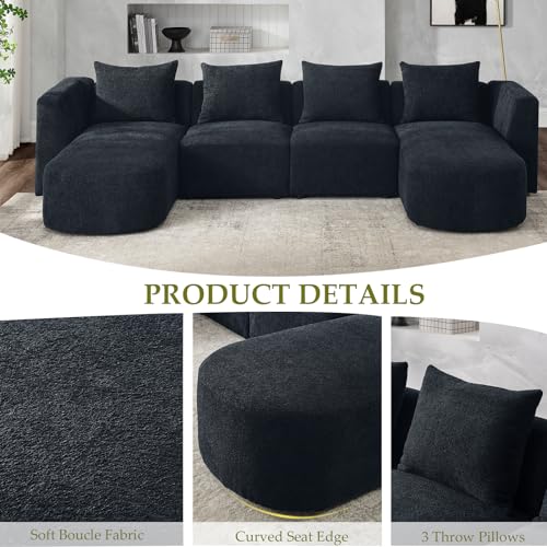 KIVENJAJA Modular Sectional Sofa, U-Shaped Couch with Double Chaise & Pillows, Modern Minimalist Boucle Fabric Large Comfy Cloud Sofas, Living Room Furniture Sets, 117 inch, Black