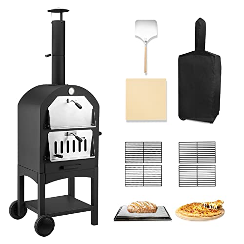 U-MAX Outdoor Pizza Oven Wood Fire with Waterproof Cover, Freestanding, Steel Pizza Grill, Pizza Maker Camping Cooker with Pizza Stone