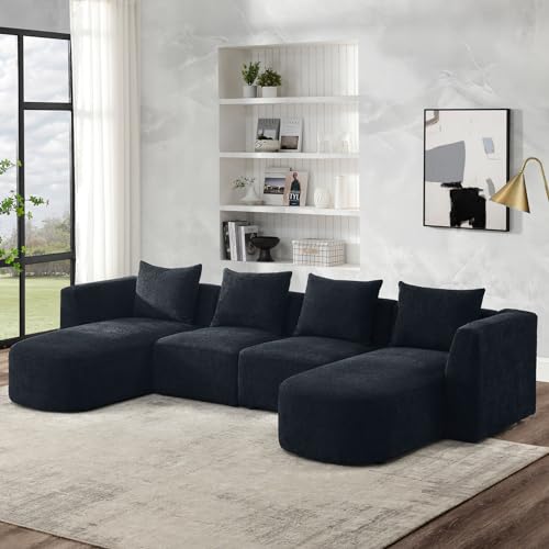 KIVENJAJA Modular Sectional Sofa, U-Shaped Couch with Double Chaise & Pillows, Modern Minimalist Boucle Fabric Large Comfy Cloud Sofas, Living Room Furniture Sets, 117 inch, Black