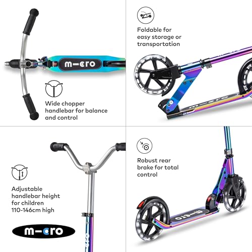 Micro Kickboard - Micro Cruiser LED Neochrome - Two Wheeled, Fold-to-Carry Swiss-Designed Micro Scooter for Kids with Smooth Glide Light-Up Large Wheels for Ages 6+