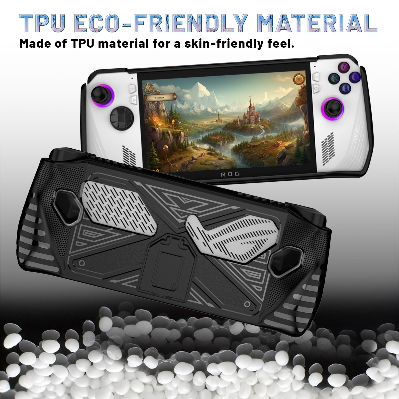 PAKESI Protection Case for ASUS ROG Ally - Rugged TPU with Built-in Stand for Game Handheld Console - Anti-Drop Shockproof Shell with 2 Pack Screen Protector (Black)