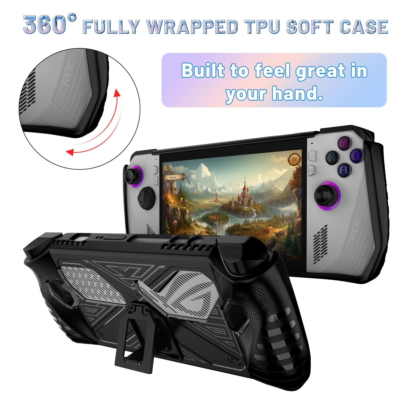PAKESI Protection Case for ASUS ROG Ally - Rugged TPU with Built-in Stand for Game Handheld Console - Anti-Drop Shockproof Shell with 2 Pack Screen Protector (Black)