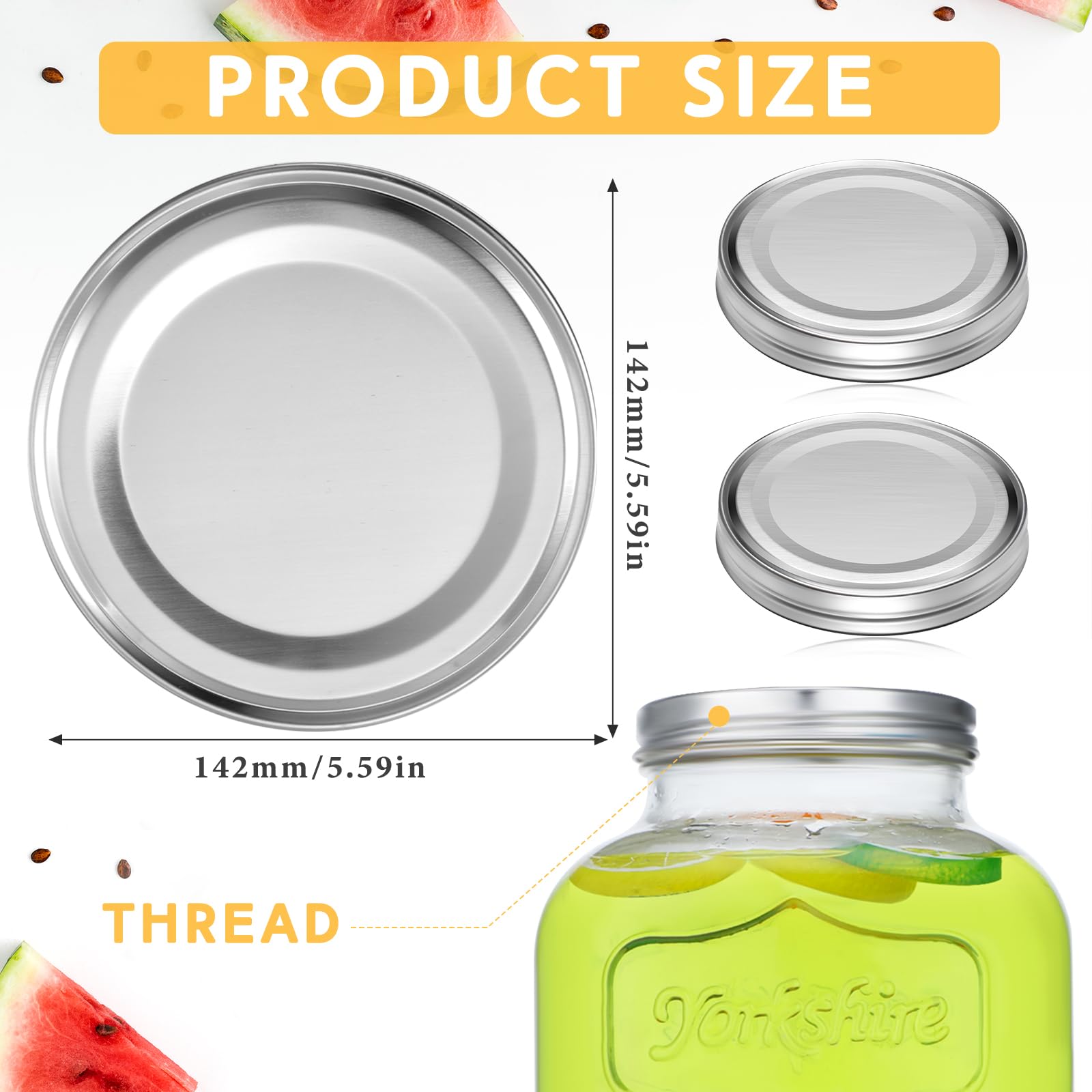 Uiifan 2 Pcs 304 Stainless Steel Replacement Mason Jar Lids Wide Mouth Canning Airtight Reusable Lids Rust Leakproof Lids for Continuous Thread Closure Jar Summer Party(142mm, 2 Gallon,Silver)