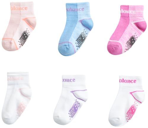New Balance Baby Girls' Socks - 6 Pack Cushion Quarter Cut Socks Socks (Infant/Toddler), Size 12-24 Months, Pink/Blue/White