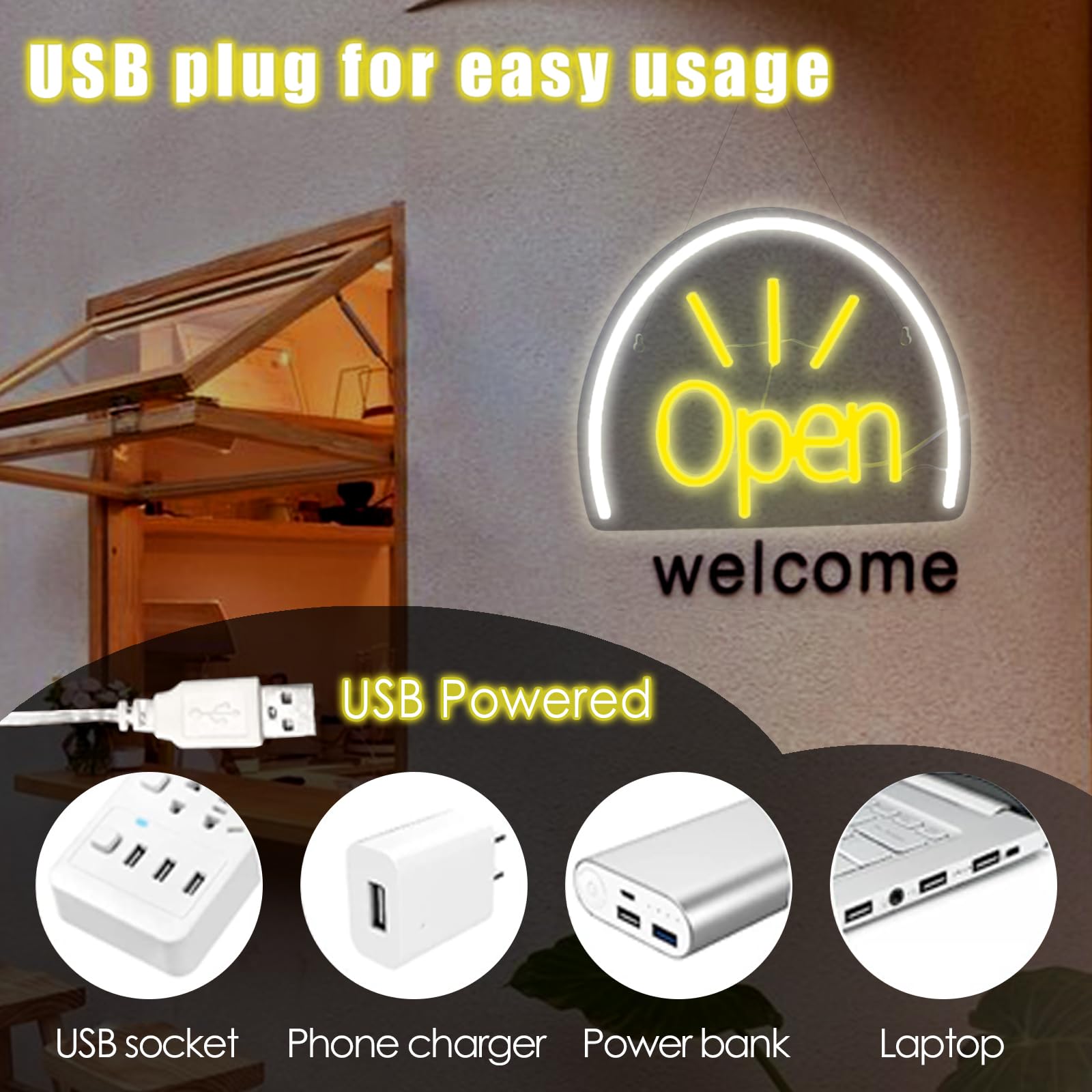 Neon Open Sign Ultra Bright USB Powered for Business, LED Open Neon Sign Dimmable for Store Restaurant Office Window Storefront Small 9.9 * 12 Inches