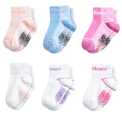 New Balance Baby Girls' Socks - 6 Pack Cushion Quarter Cut Socks Socks (Infant/Toddler), Size 12-24 Months, Pink/Blue/White