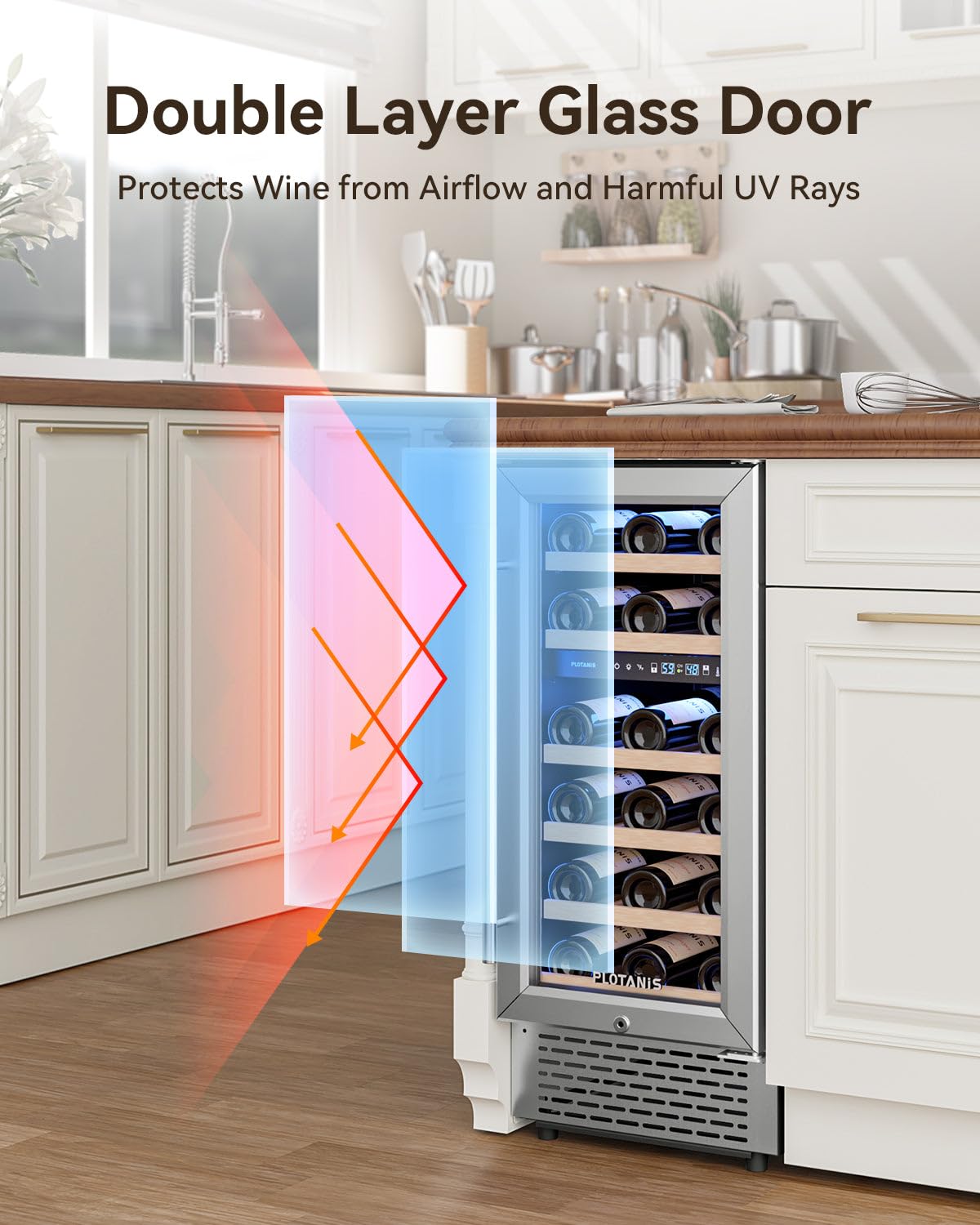 Plotanis 15 Inch Wine Fridge Dual Zone 28 Bottles Under Counter Wine Cooler Refrigerator Built-in or Freestanding with Glass Door Safety Lock