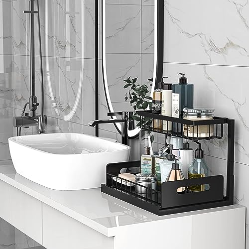 Webetop Under Sink Organizer Kitchen, 2 Pack Pull Out Cabinet Organizer 2 Tier Underneath Sink Organizers and Storage Shelves Slide Out Sink Shelf for Kitchen Bathroom Pantry Cabinet Home