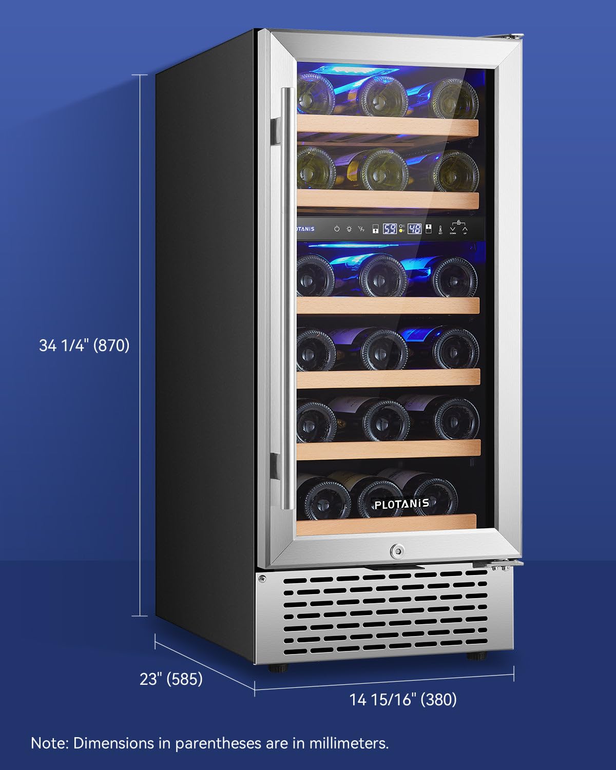Plotanis 15 Inch Wine Fridge Dual Zone 28 Bottles Under Counter Wine Cooler Refrigerator Built-in or Freestanding with Glass Door Safety Lock