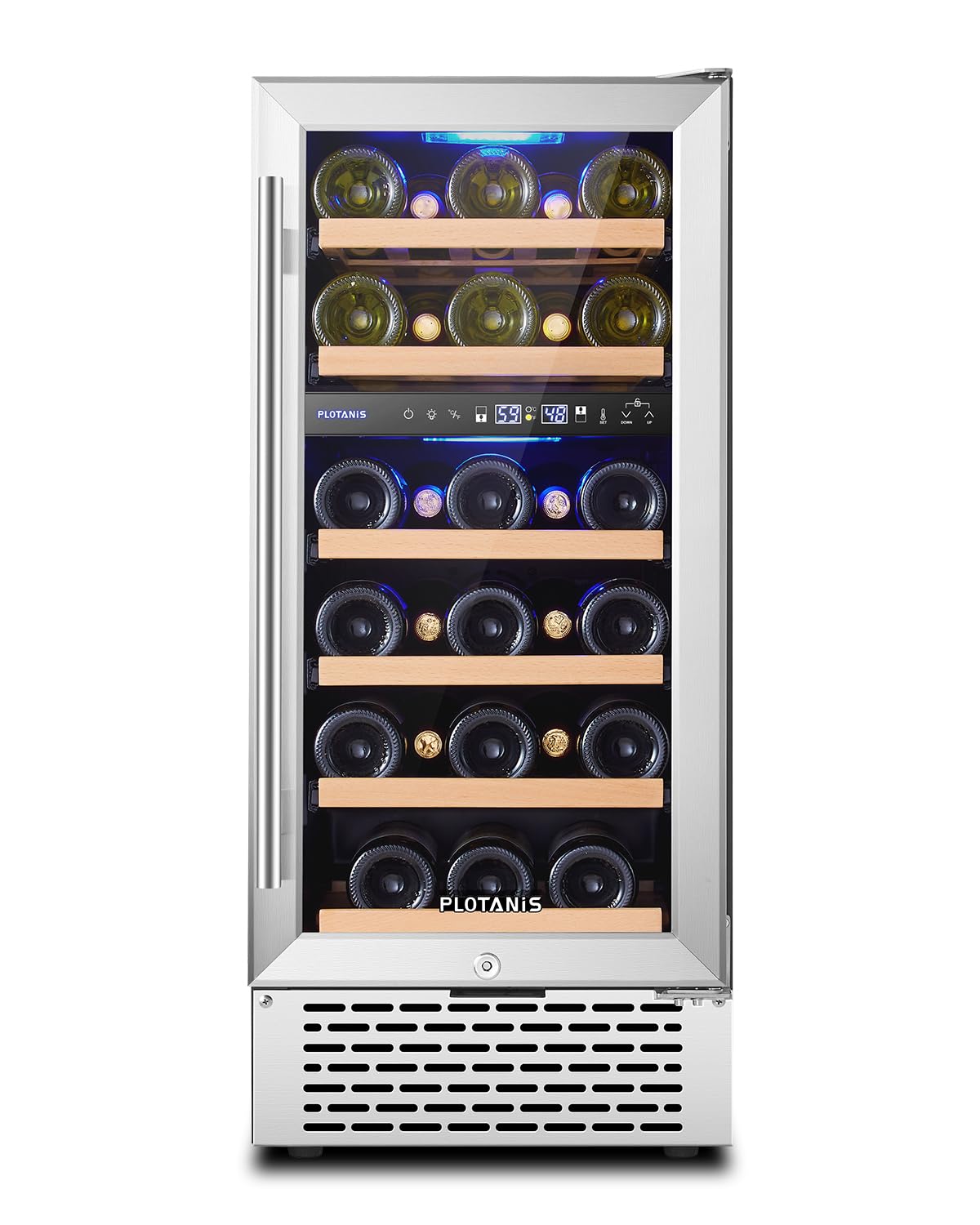 Plotanis 15 Inch Wine Fridge Dual Zone 28 Bottles Under Counter Wine Cooler Refrigerator Built-in or Freestanding with Glass Door Safety Lock