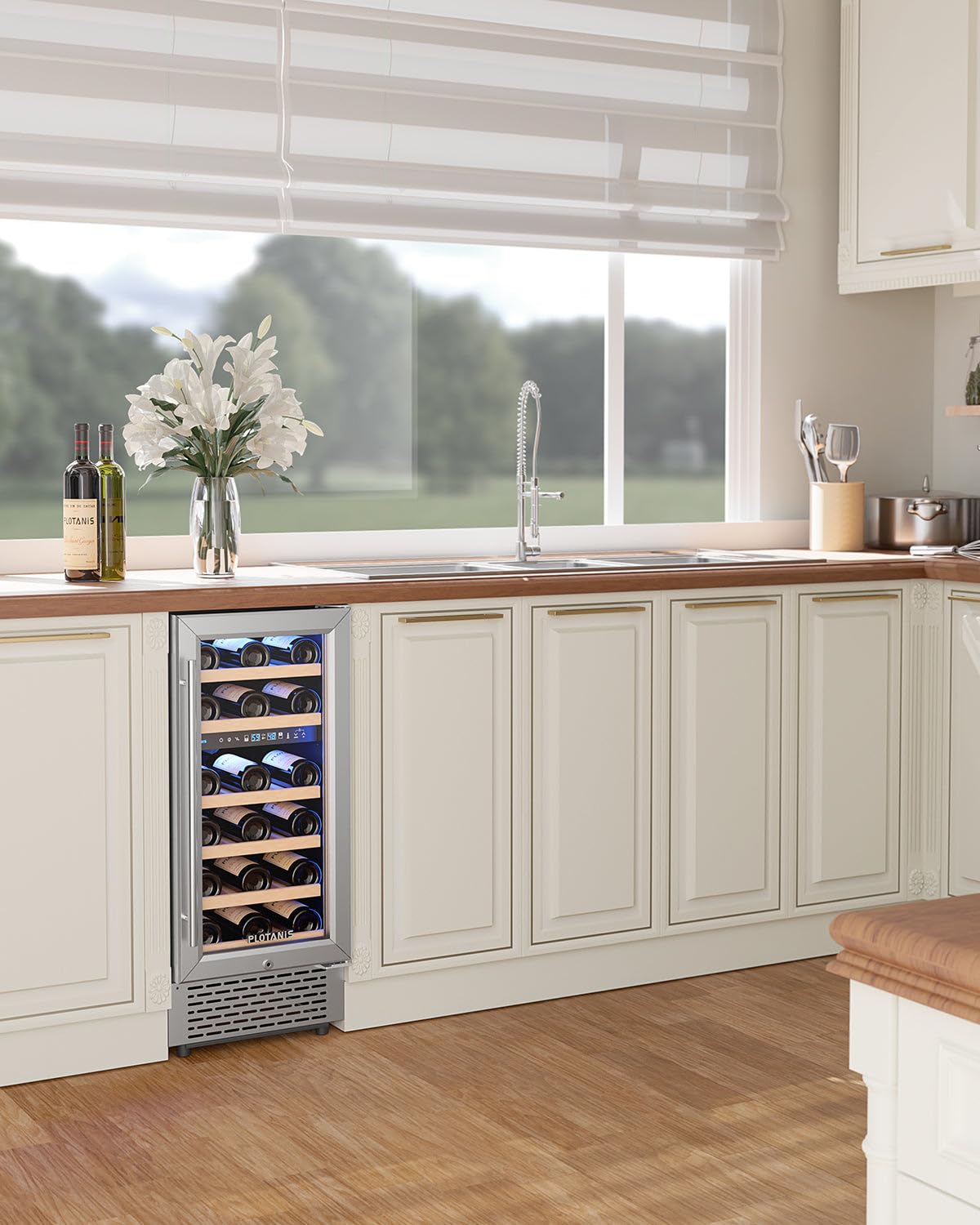 Plotanis 15 Inch Wine Fridge Dual Zone 28 Bottles Under Counter Wine Cooler Refrigerator Built-in or Freestanding with Glass Door Safety Lock