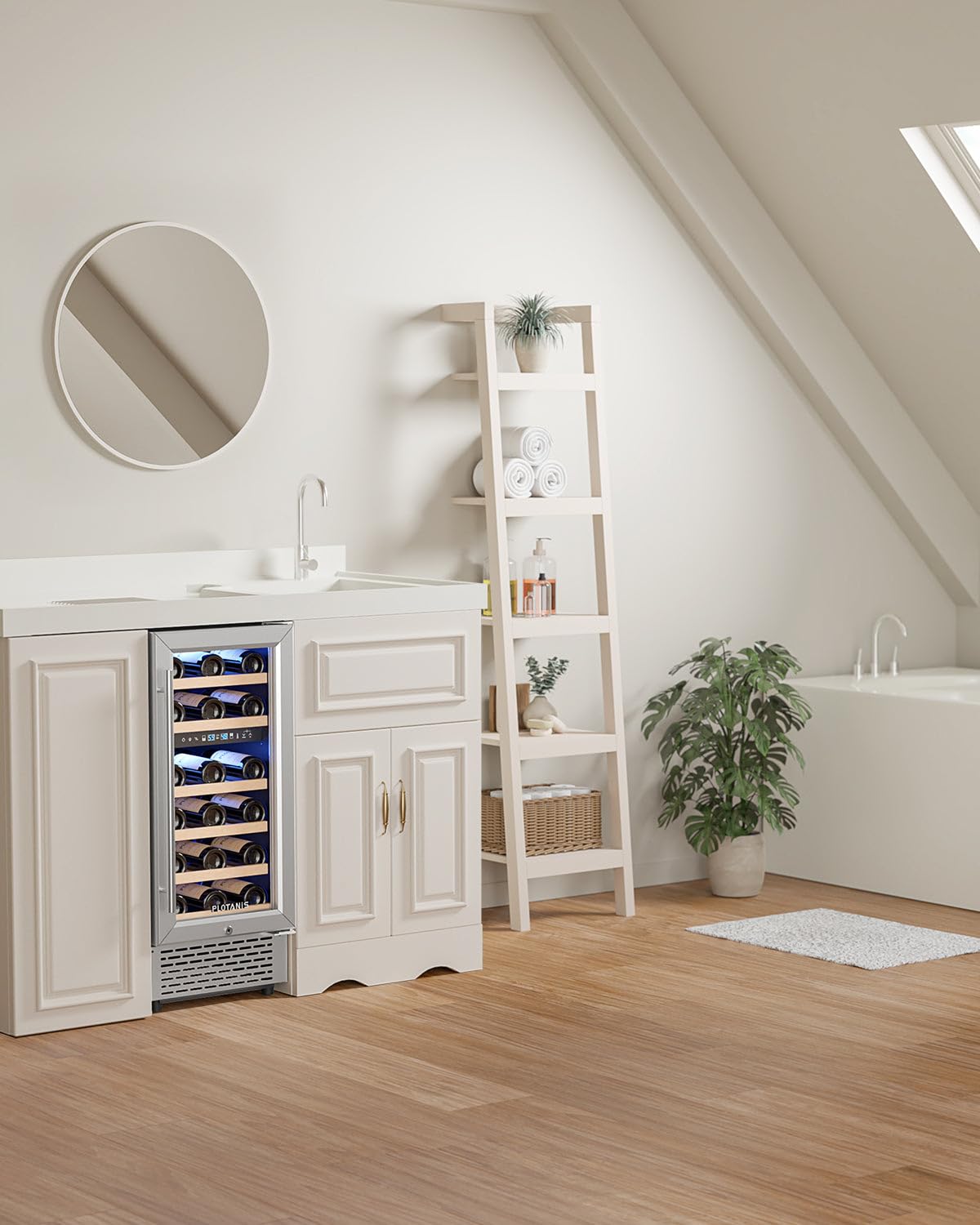 Plotanis 15 Inch Wine Fridge Dual Zone 28 Bottles Under Counter Wine Cooler Refrigerator Built-in or Freestanding with Glass Door Safety Lock