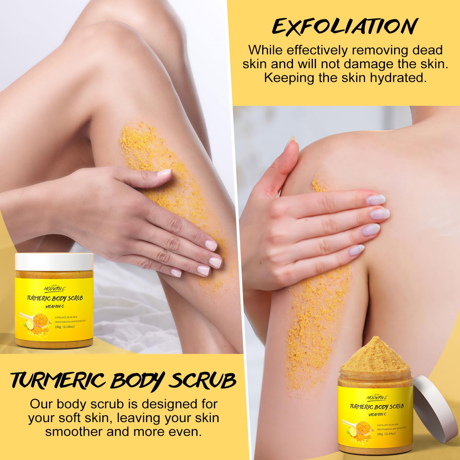 POP MODERN.C Turmeric and Vitamin C Body Scrub Remove Dead Skin Improve Dark Spots Acne Natural Organic Exfoliating Deep Cleansing Exfoliator for Body Butt Bikini Area Body Care with Loofah
