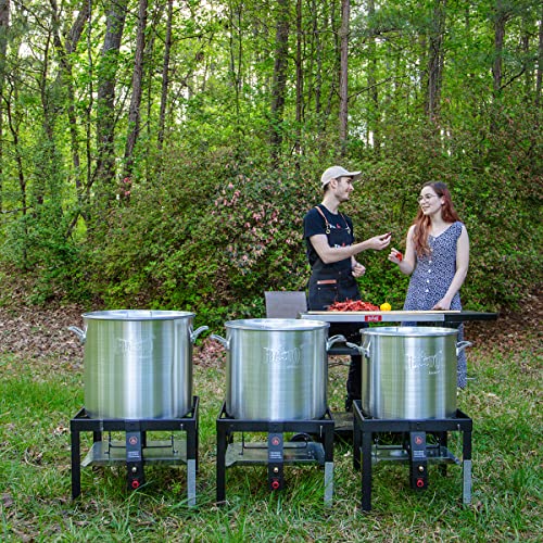 FEASTO 80QT Aluminum Boil Pot with Basket Perfect for Seafood Boiling and Steaming, Outdoor Propane Gas Cooker with Adjustable 0-10 PSI Regulator, Non-Assembly Frame Stand