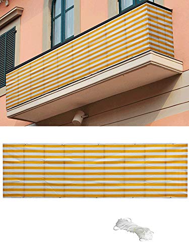 SLDHFE Balcony Privacy Screen 5 x 0.9 M Yellow and White Striped Windbreak Net Fence Sunshade Weatherproof HDPE Privacy Protector Balcony Cover with 24 Cable Ties and 66 Ft Rope