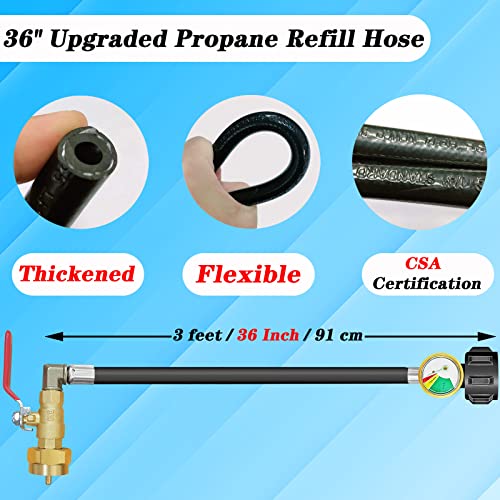 Upgraded Propane Refill Adapter Hose, 36" Propane Extension Refill Hose with Gauge, Shut off Valve, 1LB Propane Filling Hose Kit with 1 LB Propane Bottle Cap, Roll Sealing Tape (Rubber)