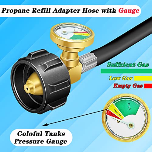 Upgraded Propane Refill Adapter Hose, 36" Propane Extension Refill Hose with Gauge, Shut off Valve, 1LB Propane Filling Hose Kit with 1 LB Propane Bottle Cap, Roll Sealing Tape (Rubber)