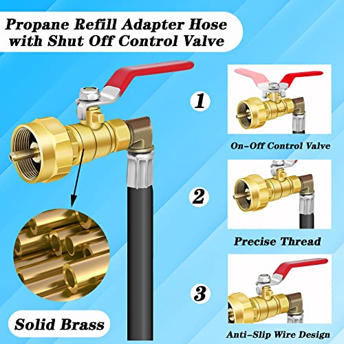 Upgraded Propane Refill Adapter Hose, 36" Propane Extension Refill Hose with Gauge, Shut off Valve, 1LB Propane Filling Hose Kit with 1 LB Propane Bottle Cap, Roll Sealing Tape (Rubber)