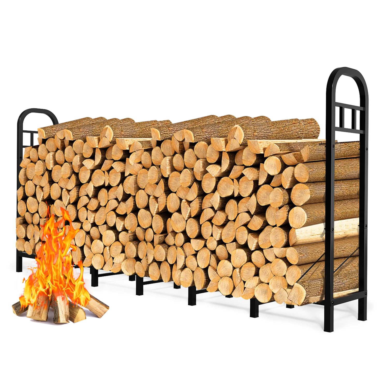 GREENER 8FT Firewood Rack Outdoor Heavy Duty Wood Rack for Firewood Indoor Log Holder for Fireplace, Fire Wood Holder Metal Lumber Storage Carrier Firewood Log Rack Stand Stacker for Patio Porch Black