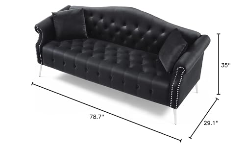 Lepfun Chesterfield Velvet Sofa Classic Loveseat Contemporary Upholstered Couch Button Tufted Nailhead Trimming Curved Backrest Rolled Arms with Silver Metal Legs Living Room,4 Pillows Included,Black
