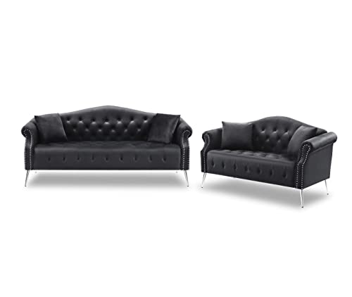 Lepfun Chesterfield Velvet Sofa Classic Loveseat Contemporary Upholstered Couch Button Tufted Nailhead Trimming Curved Backrest Rolled Arms with Silver Metal Legs Living Room,4 Pillows Included,Black
