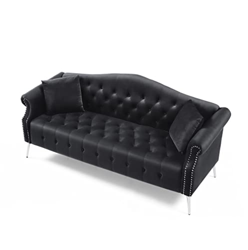 Lepfun Chesterfield Velvet Sofa Classic Loveseat Contemporary Upholstered Couch Button Tufted Nailhead Trimming Curved Backrest Rolled Arms with Silver Metal Legs Living Room,4 Pillows Included,Black