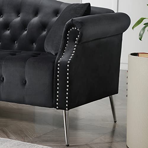 Lepfun Chesterfield Velvet Sofa Classic Loveseat Contemporary Upholstered Couch Button Tufted Nailhead Trimming Curved Backrest Rolled Arms with Silver Metal Legs Living Room,4 Pillows Included,Black