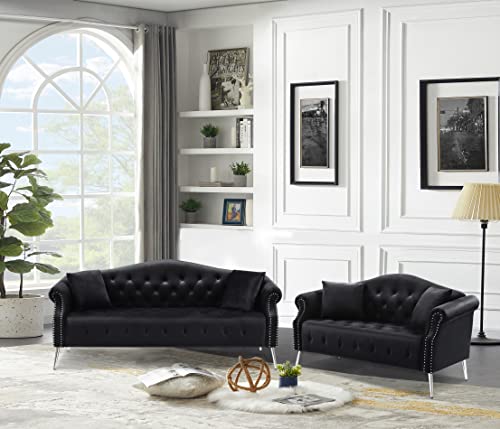 Lepfun Chesterfield Velvet Sofa Classic Loveseat Contemporary Upholstered Couch Button Tufted Nailhead Trimming Curved Backrest Rolled Arms with Silver Metal Legs Living Room,4 Pillows Included,Black