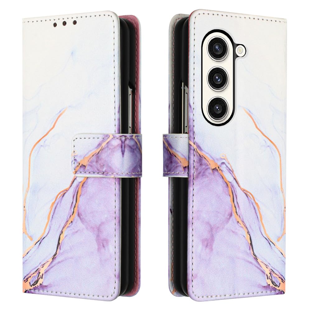LEMAXELERS Samsung Z Fold 5 Case, Galaxy Z Fold 5 5G for Women Girls Case with Card Holder PU Leather Detachable Wrist Strap Wallet Case for Samsung Galaxy Z Fold 5 5G Marble White Purple