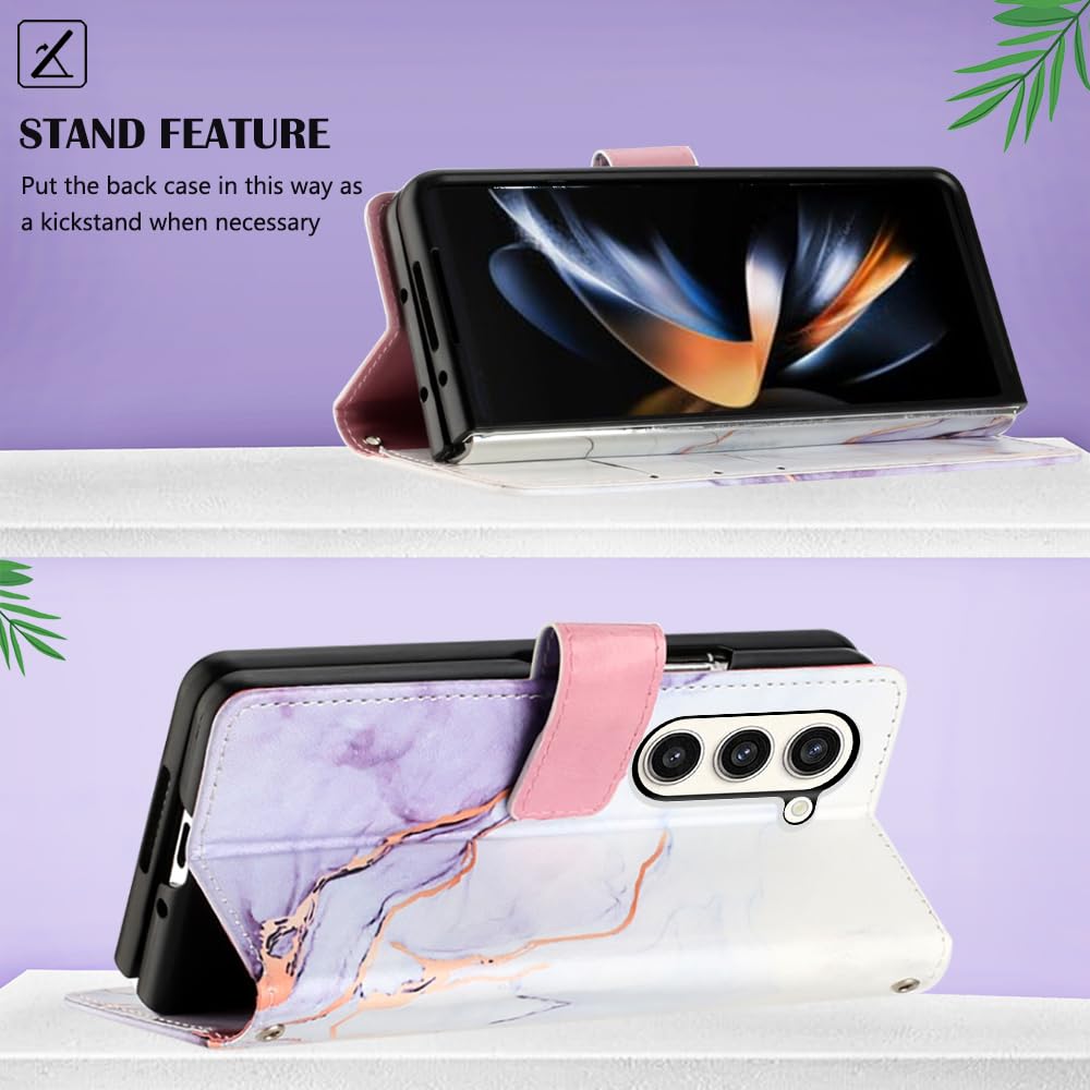LEMAXELERS Samsung Z Fold 5 Case, Galaxy Z Fold 5 5G for Women Girls Case with Card Holder PU Leather Detachable Wrist Strap Wallet Case for Samsung Galaxy Z Fold 5 5G Marble White Purple