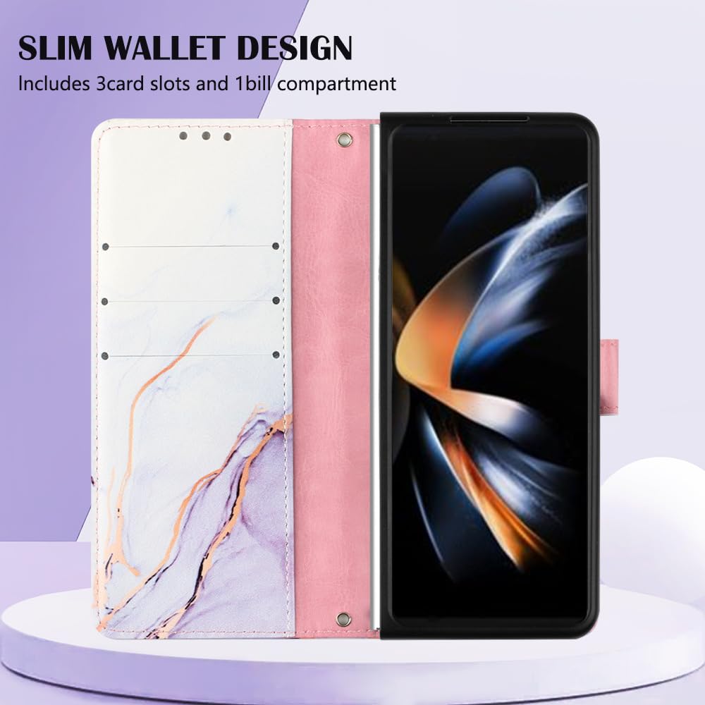 LEMAXELERS Samsung Z Fold 5 Case, Galaxy Z Fold 5 5G for Women Girls Case with Card Holder PU Leather Detachable Wrist Strap Wallet Case for Samsung Galaxy Z Fold 5 5G Marble White Purple
