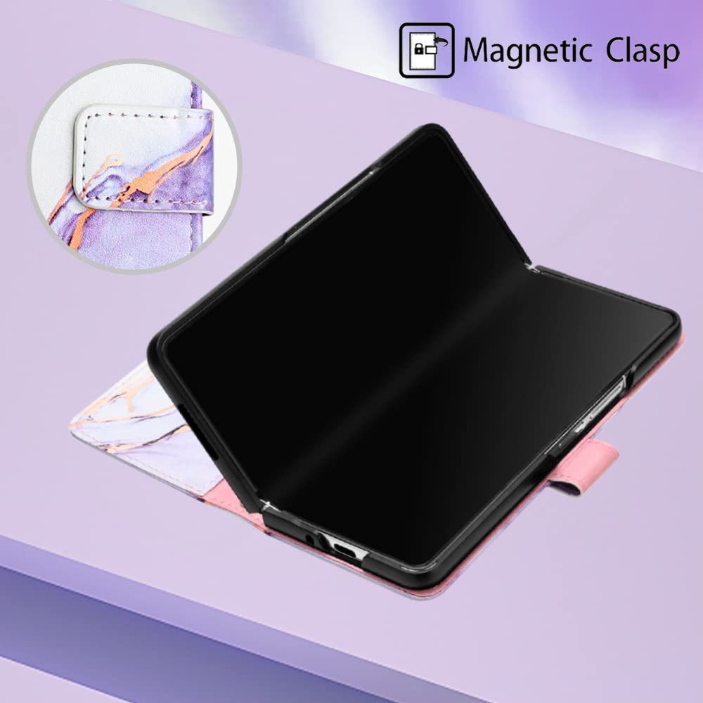 LEMAXELERS Samsung Z Fold 5 Case, Galaxy Z Fold 5 5G for Women Girls Case with Card Holder PU Leather Detachable Wrist Strap Wallet Case for Samsung Galaxy Z Fold 5 5G Marble White Purple