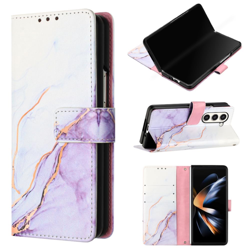 LEMAXELERS Samsung Z Fold 5 Case, Galaxy Z Fold 5 5G for Women Girls Case with Card Holder PU Leather Detachable Wrist Strap Wallet Case for Samsung Galaxy Z Fold 5 5G Marble White Purple