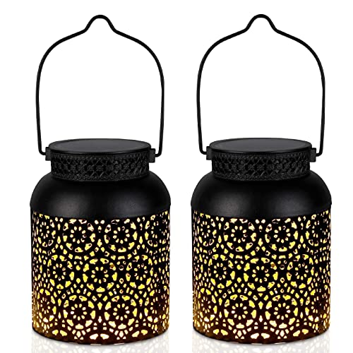 GolWof Solar Lanterns Outdoor Waterproof, 2 Pack Hanging Lanterns with Handles Decorative Metal Solar Powered Lights for Christmas Decoration, Backyard, Lawn, Garden, Patio, Party