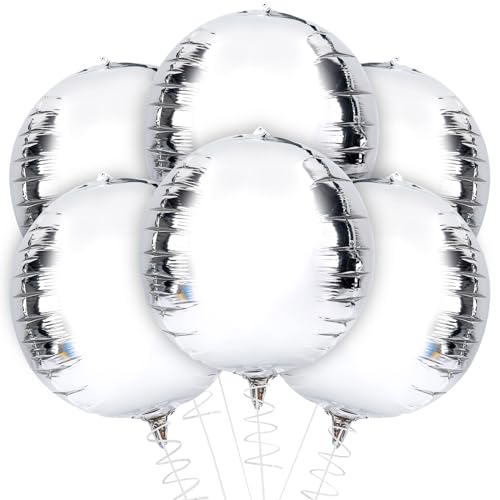 RUBFAC Silver Balloons 22 Inch, 6pcs 4D Round 360 Silver Chrome Balloon Silver Foil Balloon for Bachelorette Party Decorations, Silver Metallic Balloons for Baby Shower, Birthday and More
