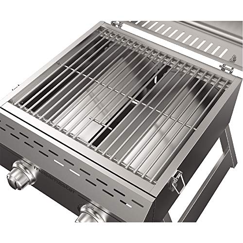 Megamaster Premium Outdoor Cooking 2-Burner Grill, Outdoor Cooking While Camping, Outdoor Kitchen, Patio Garden, Barbecue with Two Foldable legs, Silver in Stainless Steel