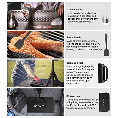 GR Smith - Grill Accessories Set for BBQ - Stainless Steel Grilling Utensils - Spatula Scraper Tongs Cooking Utensils Carrying Bag Kit - Kitchen & Outdoor Camping Griddle Tool - Easy Clean -32 Pcs