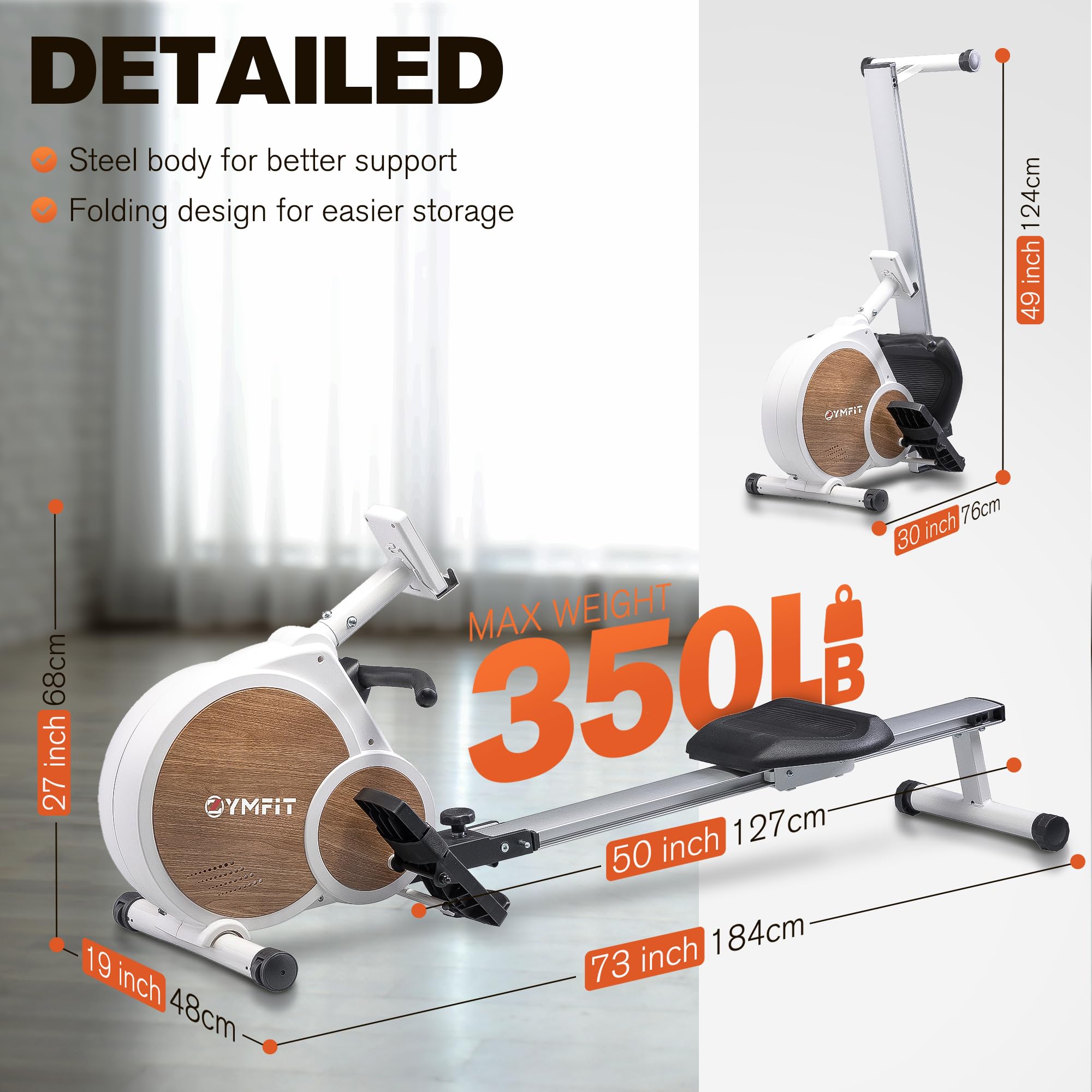 Rowing Machine, ZymFit Magnetic Rower Machine with 16 Levels of Resistance, Max 350lb Weight Capacity, Foldable Rowing Machines for Home Use