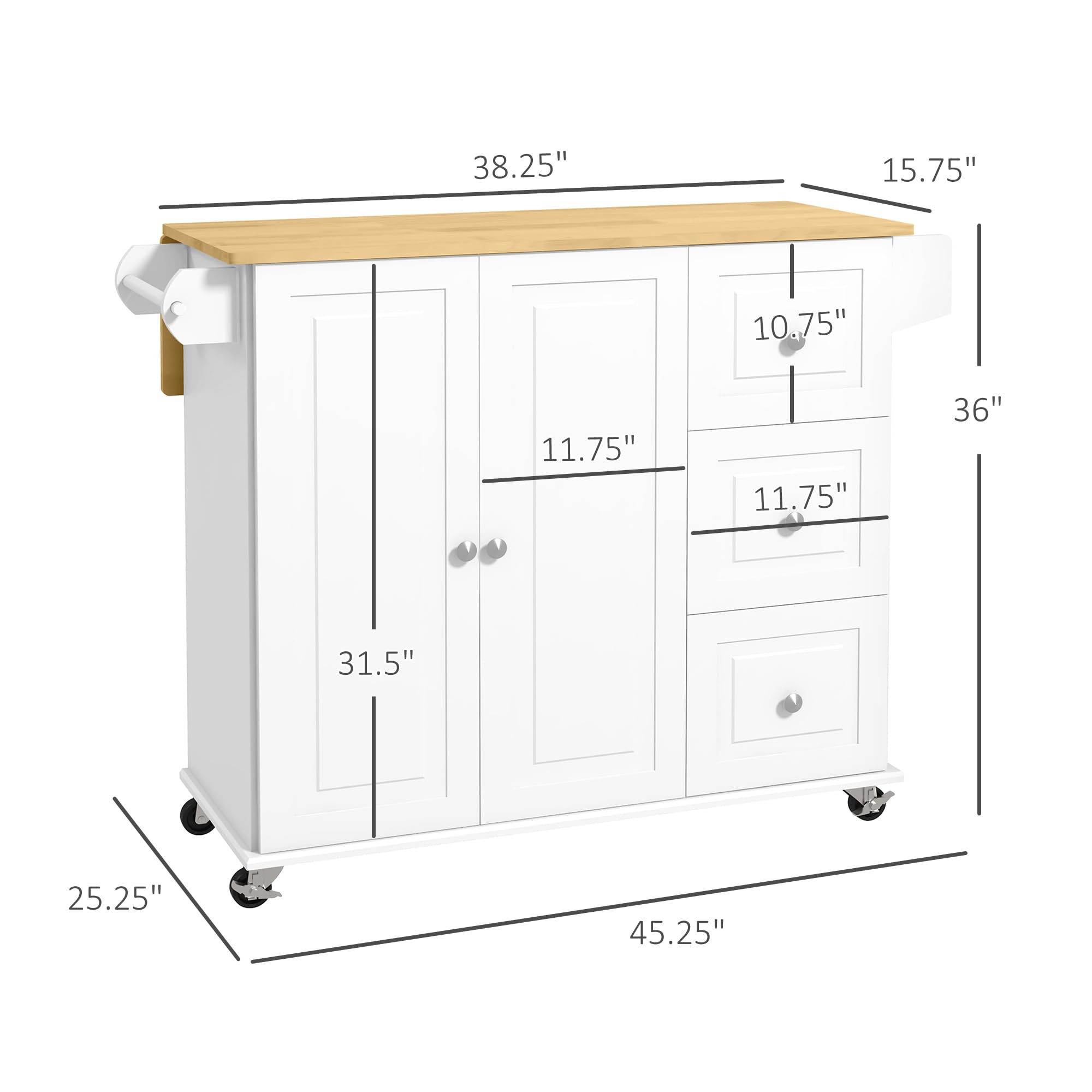 HOMCOM Kitchen Island with Drop Leaf, Rolling Kitchen Cart on Wheels with 3 Drawers, Cabinet, Natural Wood Top, Spice Rack and Towel Rack, White
