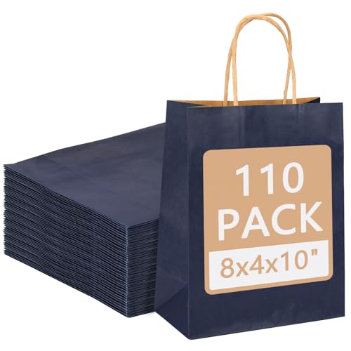 Moretoes 110pcs Dark Blue Gift Bags with Handles, 8x4x10 Inch Medium Size, Paper Bags for Small Business, Shopping Bags, Retail Bags, Party Bags, Favor Bags (Royal Blue)