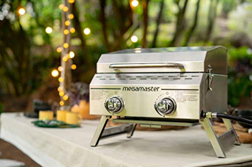 Megamaster Premium Outdoor Cooking 2-Burner Grill, Outdoor Cooking While Camping, Outdoor Kitchen, Patio Garden, Barbecue with Two Foldable legs, Silver in Stainless Steel