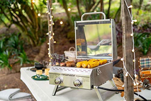 Megamaster Premium Outdoor Cooking 2-Burner Grill, Outdoor Cooking While Camping, Outdoor Kitchen, Patio Garden, Barbecue with Two Foldable legs, Silver in Stainless Steel