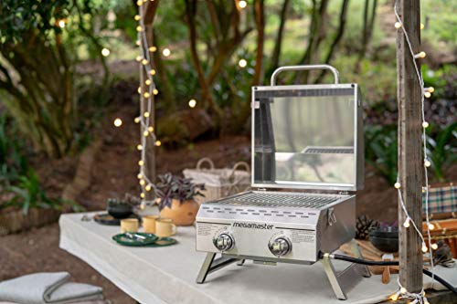 Megamaster Premium Outdoor Cooking 2-Burner Grill, Outdoor Cooking While Camping, Outdoor Kitchen, Patio Garden, Barbecue with Two Foldable legs, Silver in Stainless Steel